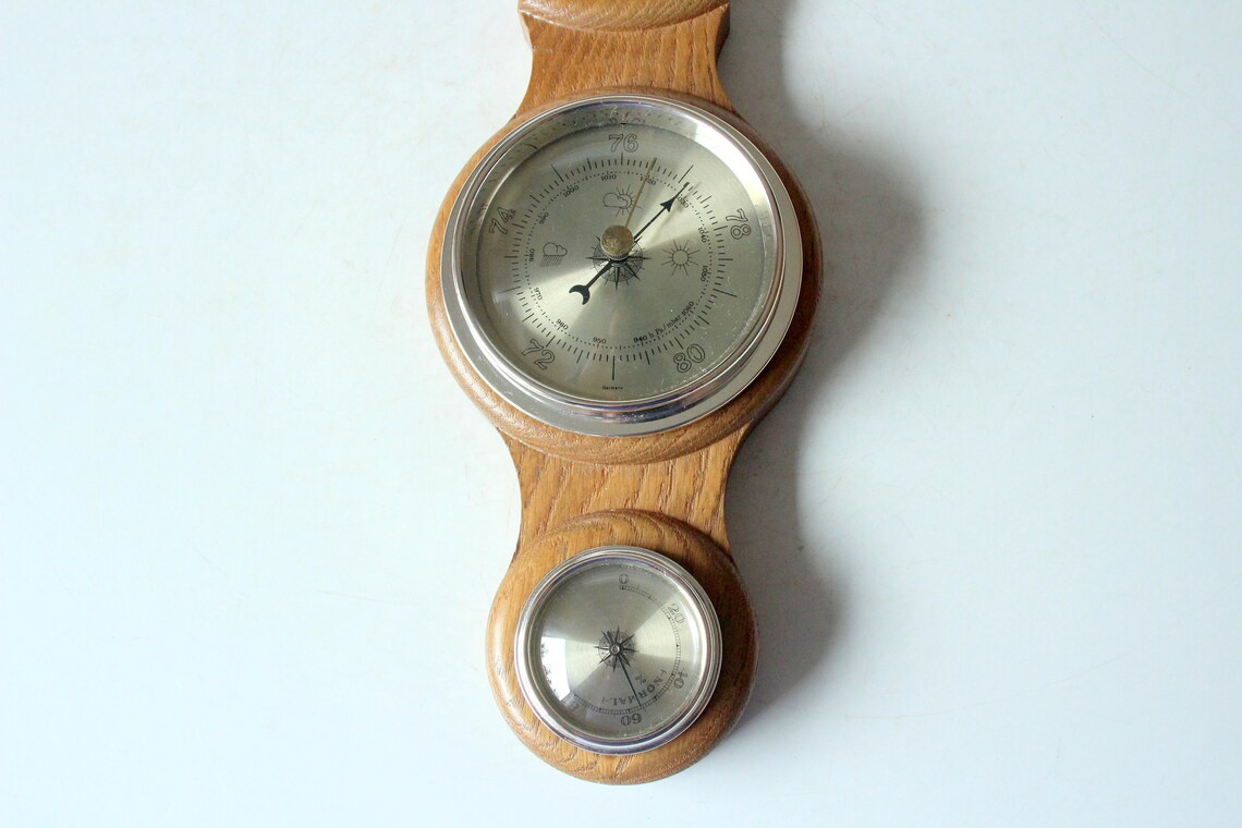 Weather Station Vintage Solid Oak 70s 80s Wood Metal Glass Thermometer ...