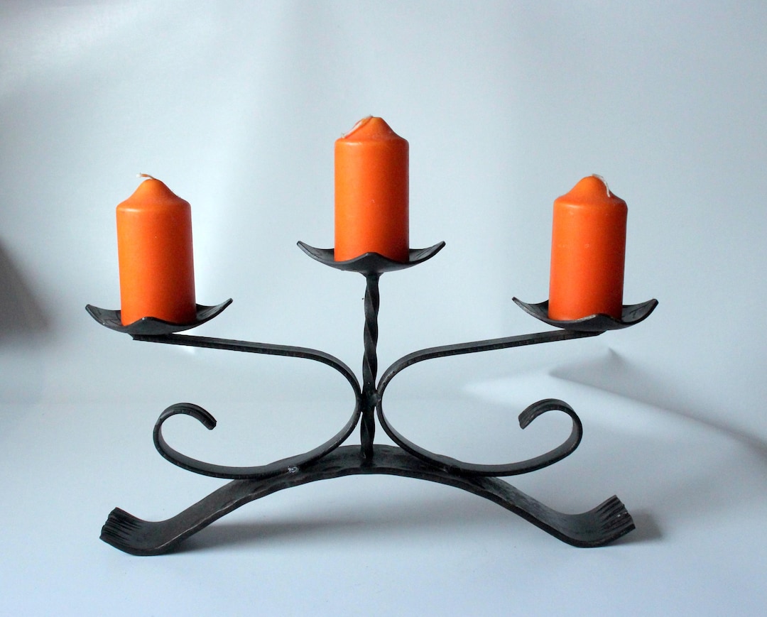 Large Heavy Candlestick 3 Arms Vintage Wrought Iron 60s Candlestick ...
