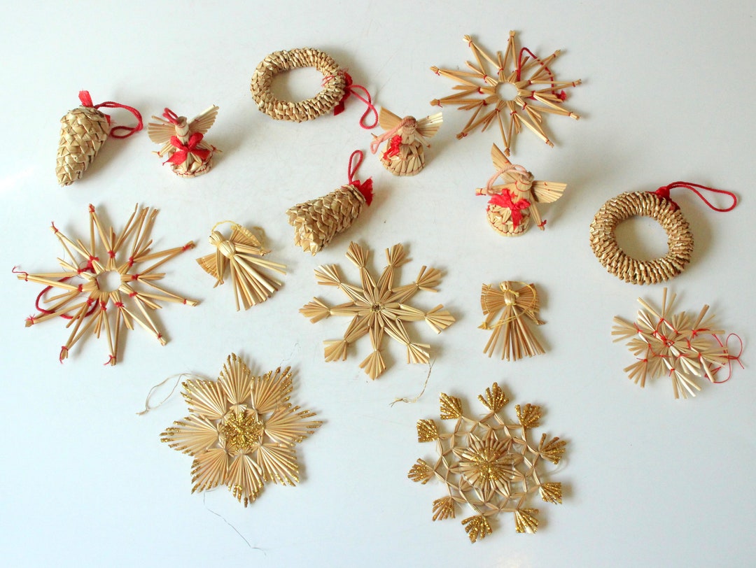 15 Straw Angels, Straw Stars, Christmas Tree Decorations, Vintage Mid ...