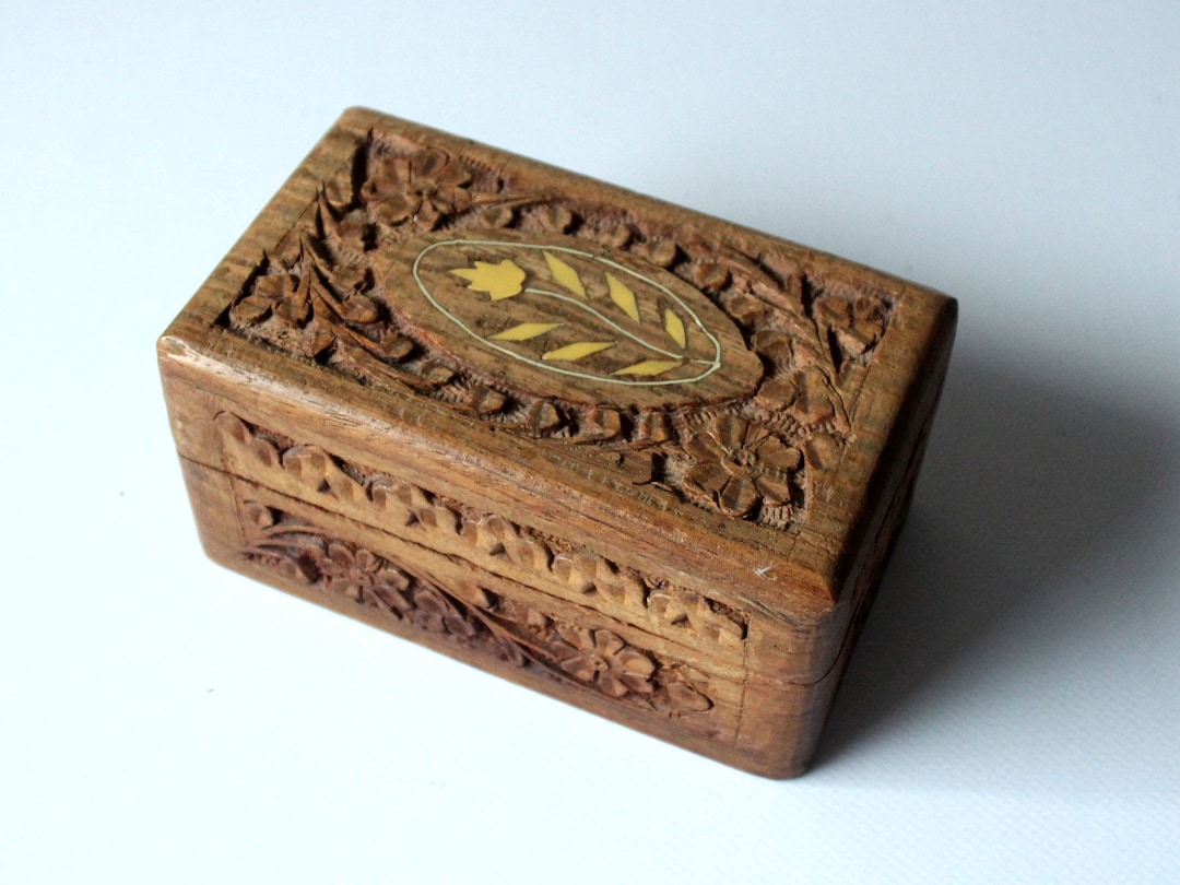 Old Jewelry Box Hand Carved Wood 70s 60s Vintage Old Box Solid Wood ...