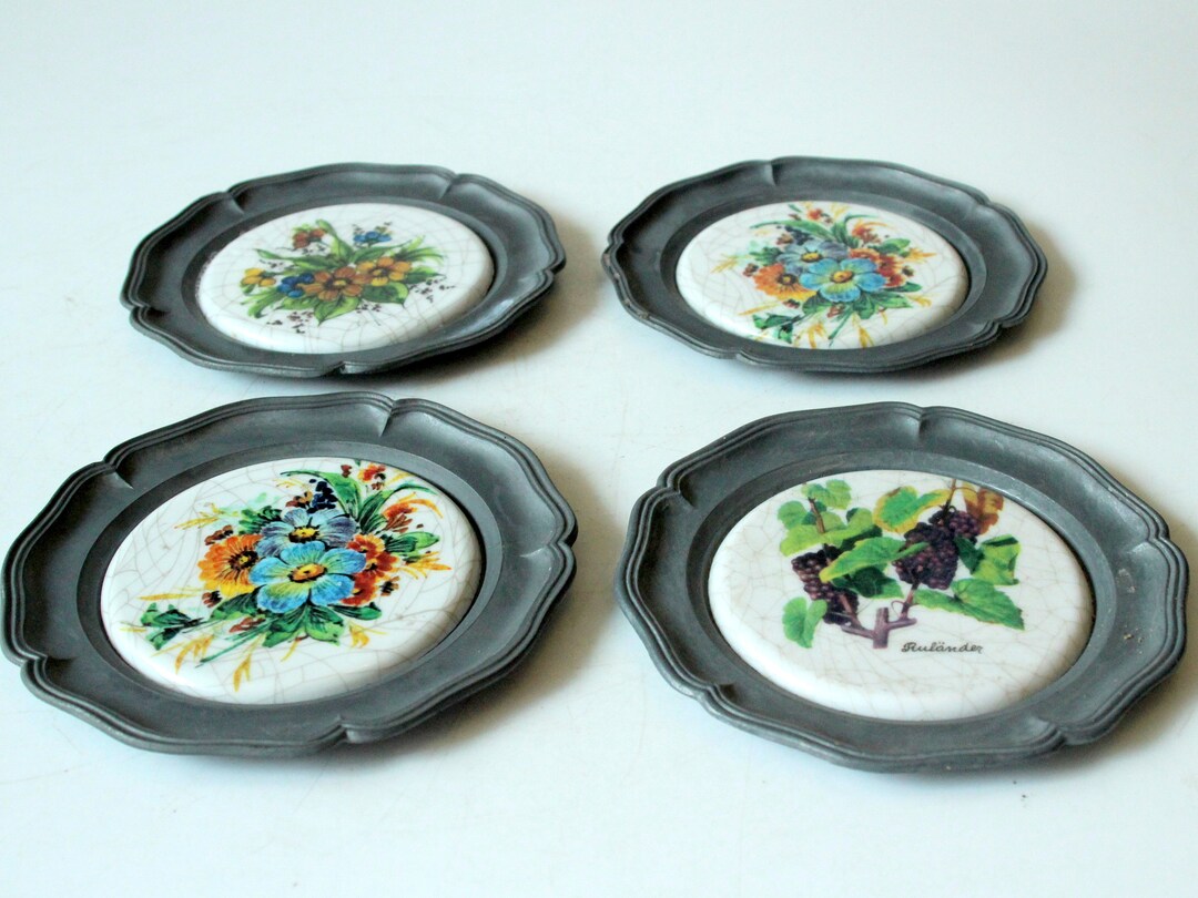 4 Gorgeous Vintage Coasters Tin and Porcelain Small Wall Plate 60s 70s ...