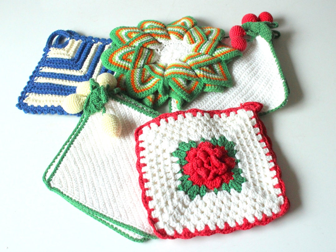 Great Crocheted Vintage Pot Holders 70s Retro Mid Century Handmade Hot ...