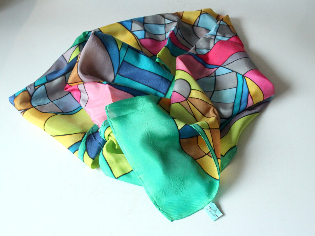 70s 80s Scarf Silk Scarf Graphic Rainbow Colors Hippie Flower Power ...