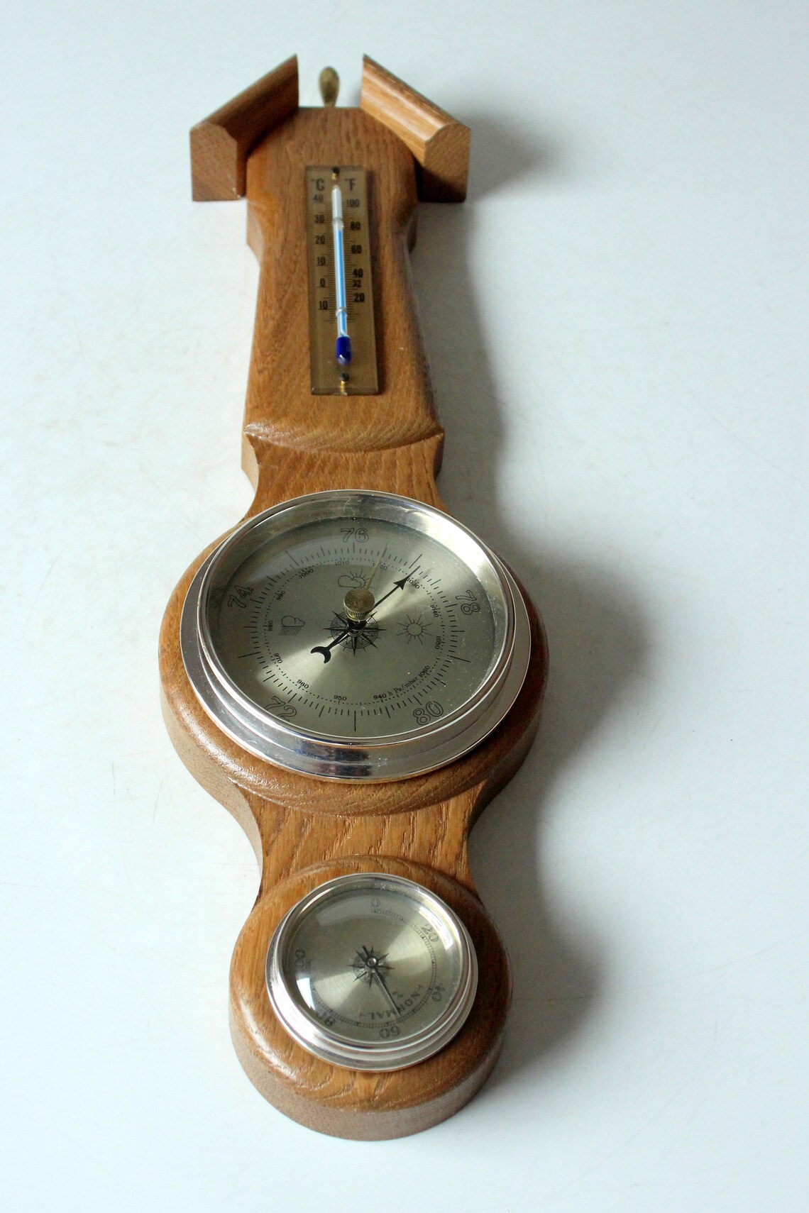 Weather Station Vintage Solid Oak 70s 80s Wood Metal Glass Thermometer ...