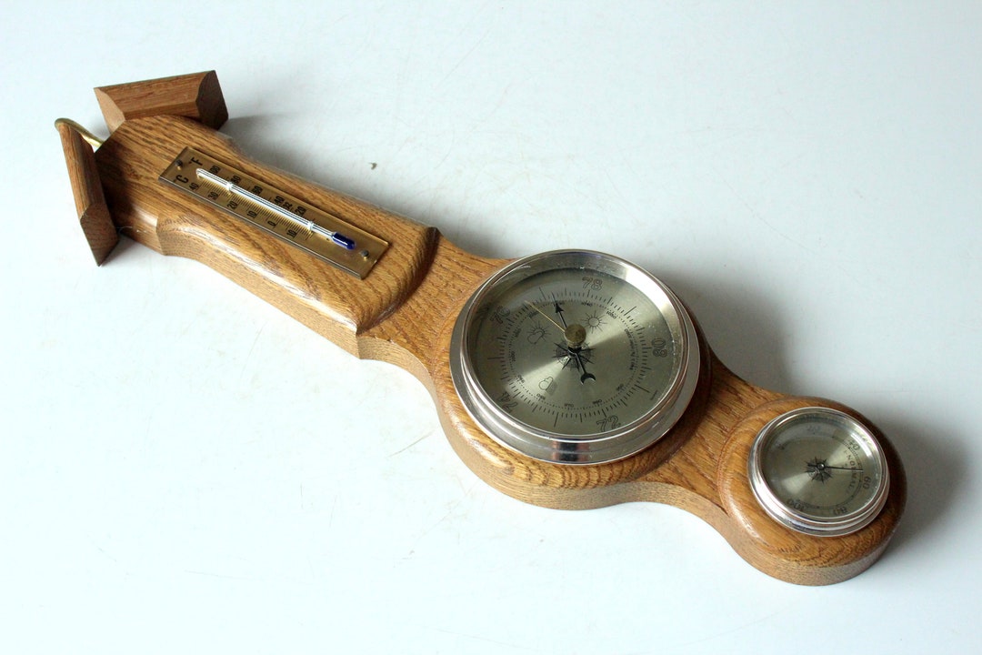 Weather Station Vintage Solid Oak 70s 80s Wood Metal Glass Thermometer ...