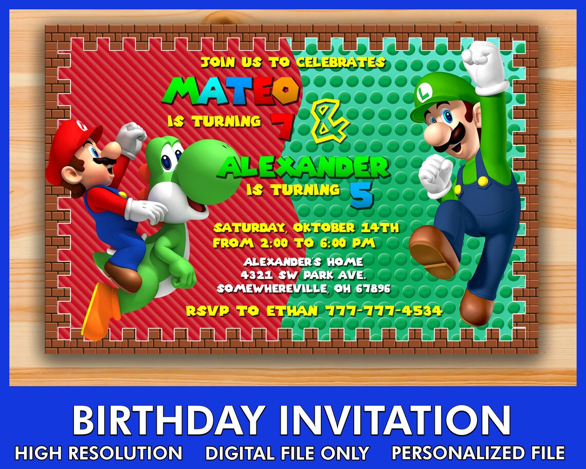 Mario Bros Invitation Mario Bros Birthday Invitation Mario | Etsy