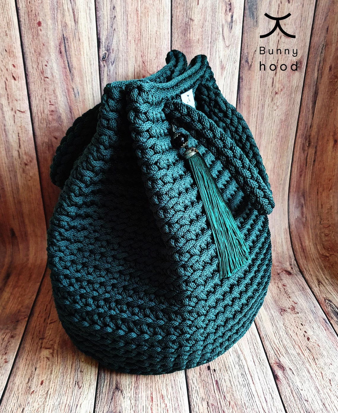 Crochet Handbag: Forest Green Polyester Market Bag With Tassel - Etsy