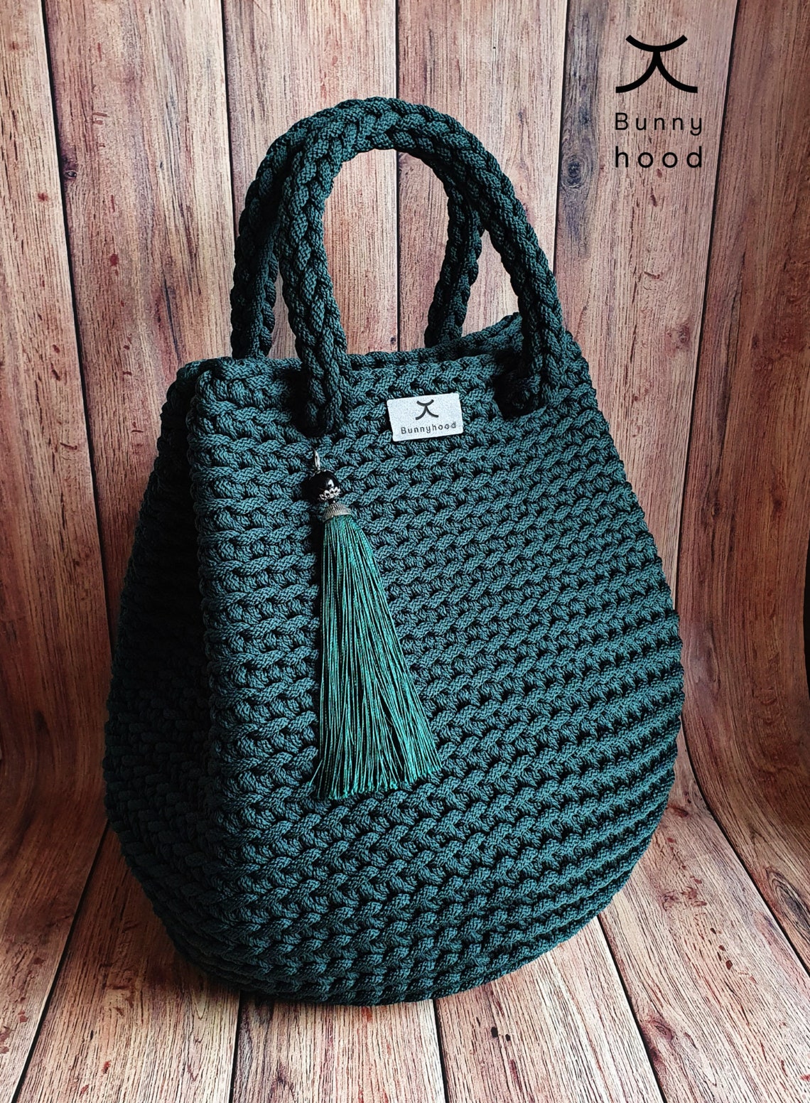 Crochet Handbag: Forest Green Polyester Market Bag With Tassel - Etsy