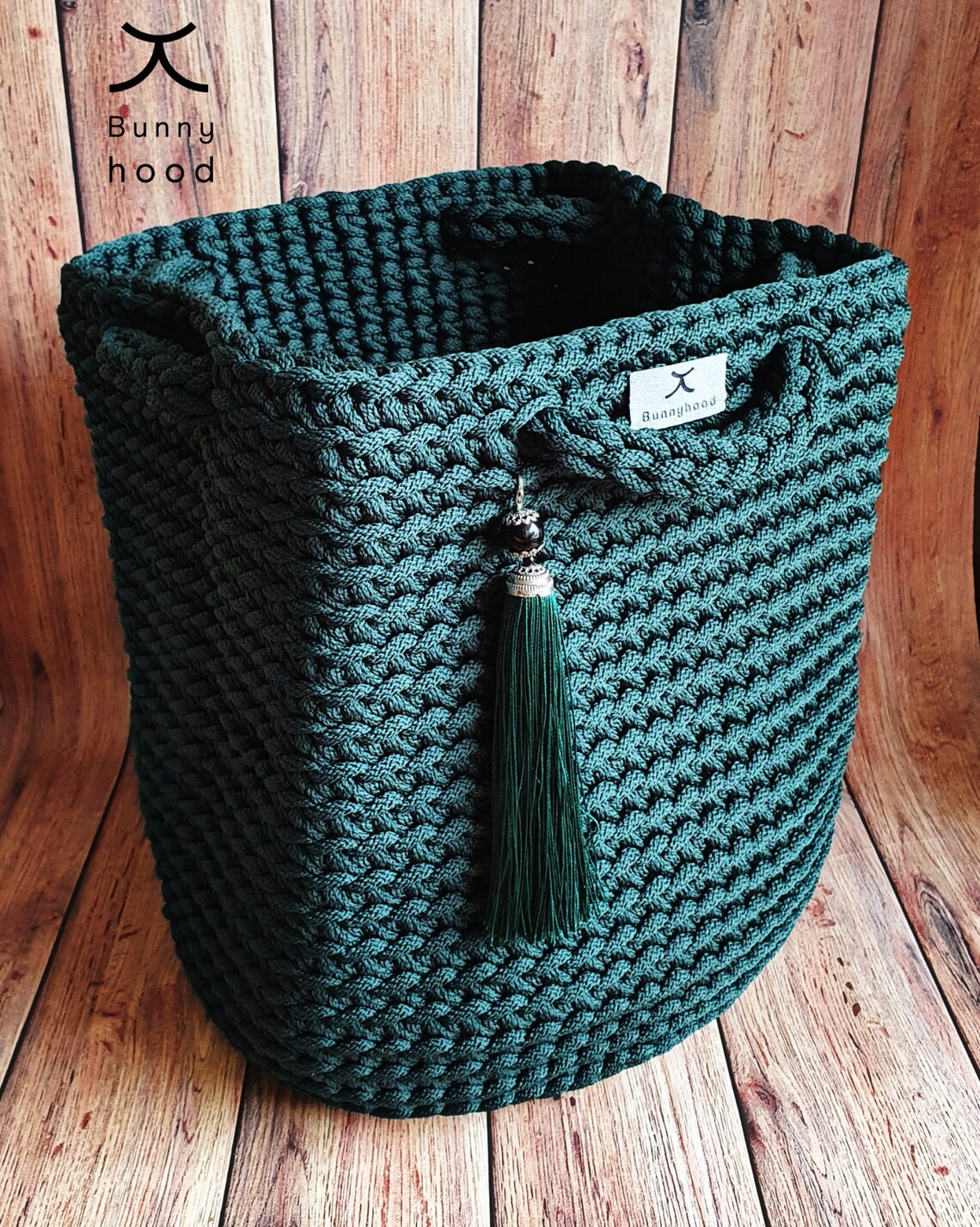 Crochet Handbag: Forest Green Polyester Market Bag With Tassel - Etsy