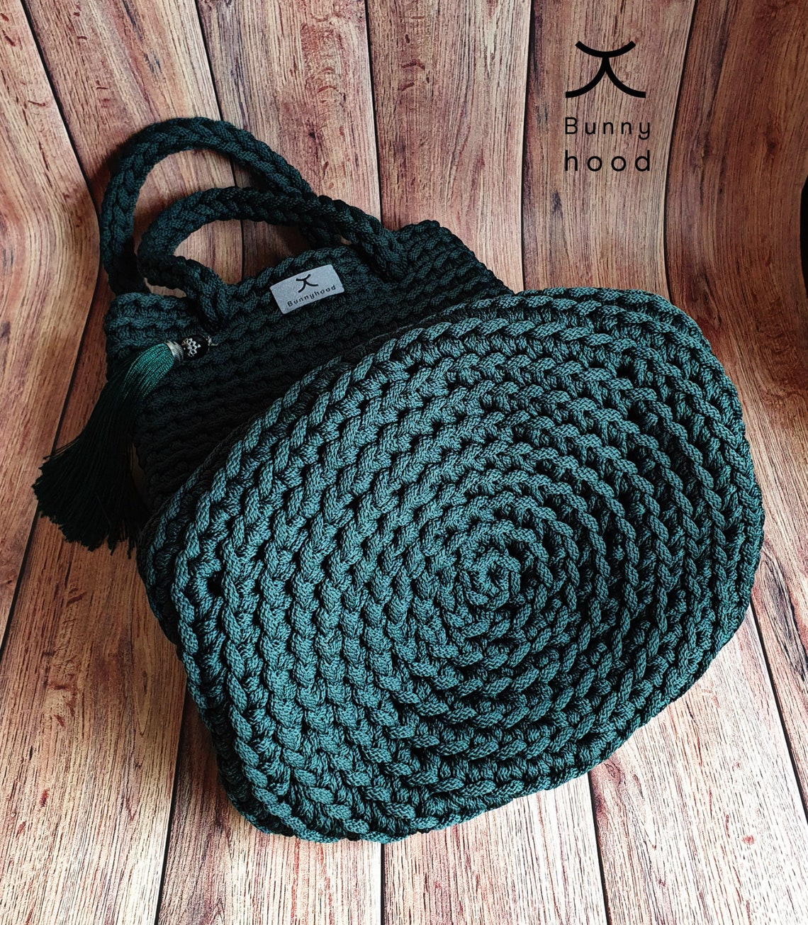 Crochet Handbag: Forest Green Polyester Market Bag With Tassel - Etsy
