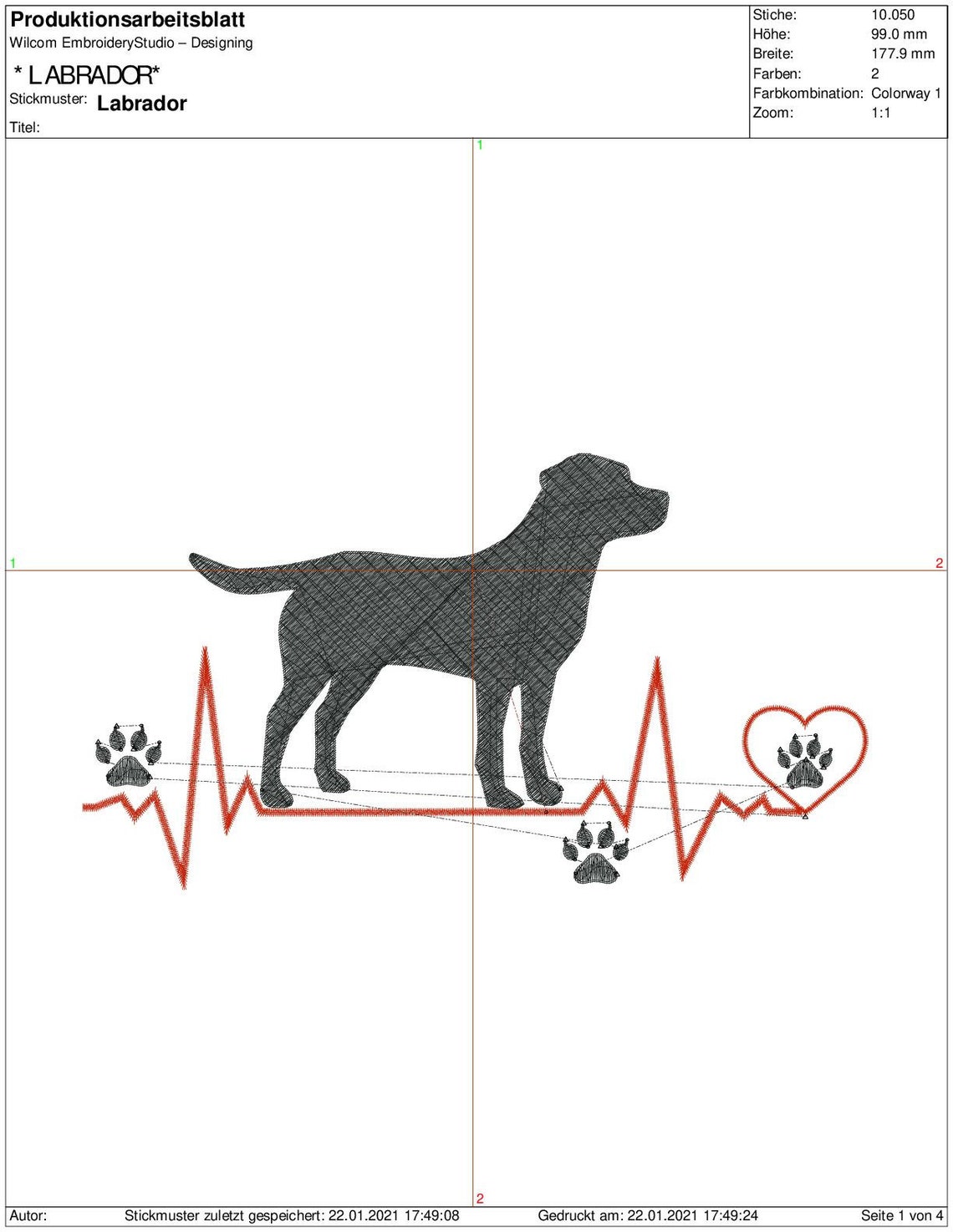 Stickdatei Herzschlag Labrador 13x18 Rahmen Maschinenstickerei Tiere Krallen Pfote Fellnase Hund ...