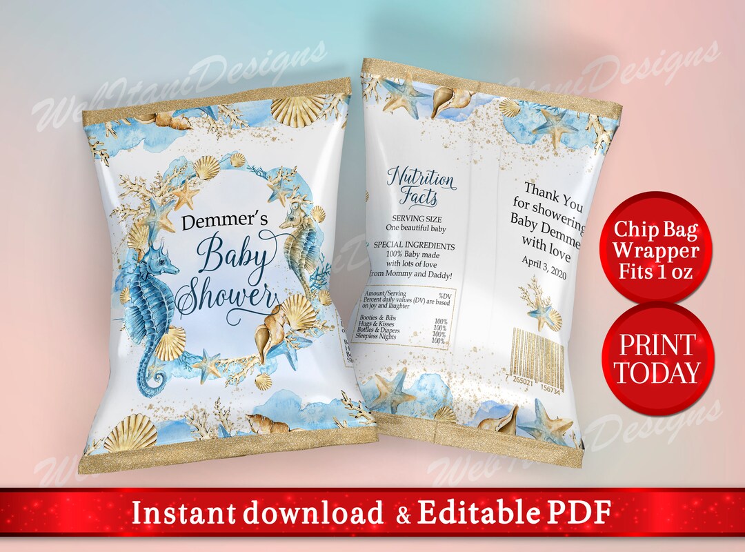 Under the Sea Chip Bag With Seahorse for Boy Baby Shower, Editable ...