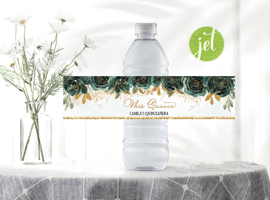 Printable Mis Quince Water Bottle Labels With Emerald Floral & - Etsy