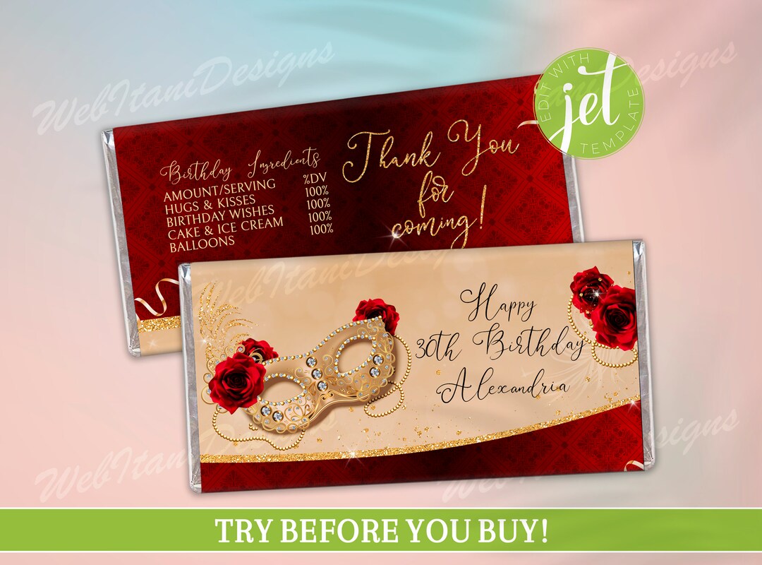 Masquerade Ball Candy Bar Wrapper for Birthday With Masquerade Mask ...