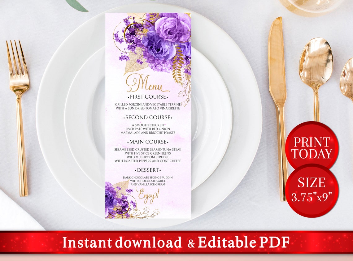 Purple Gold Floral Menu Card Printable Editable Pdf Birthday - Etsy