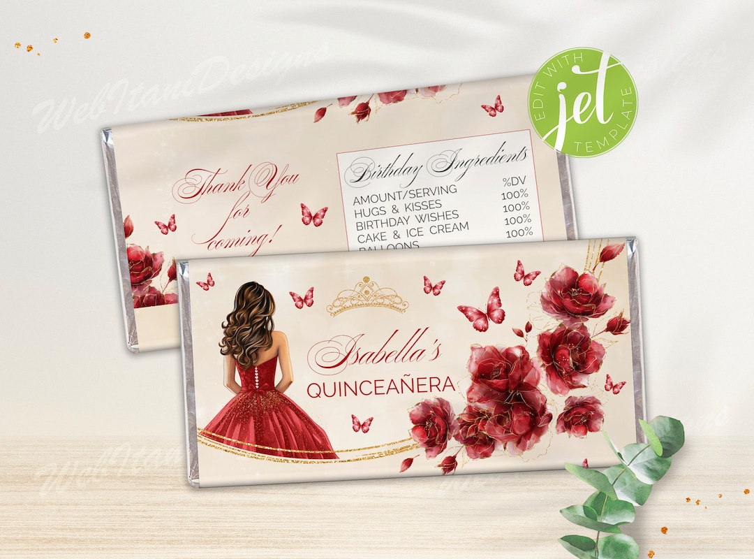 Editable Red Quinceanera Candy Bar Wrapper, Mis Quince Anos Chocolate ...