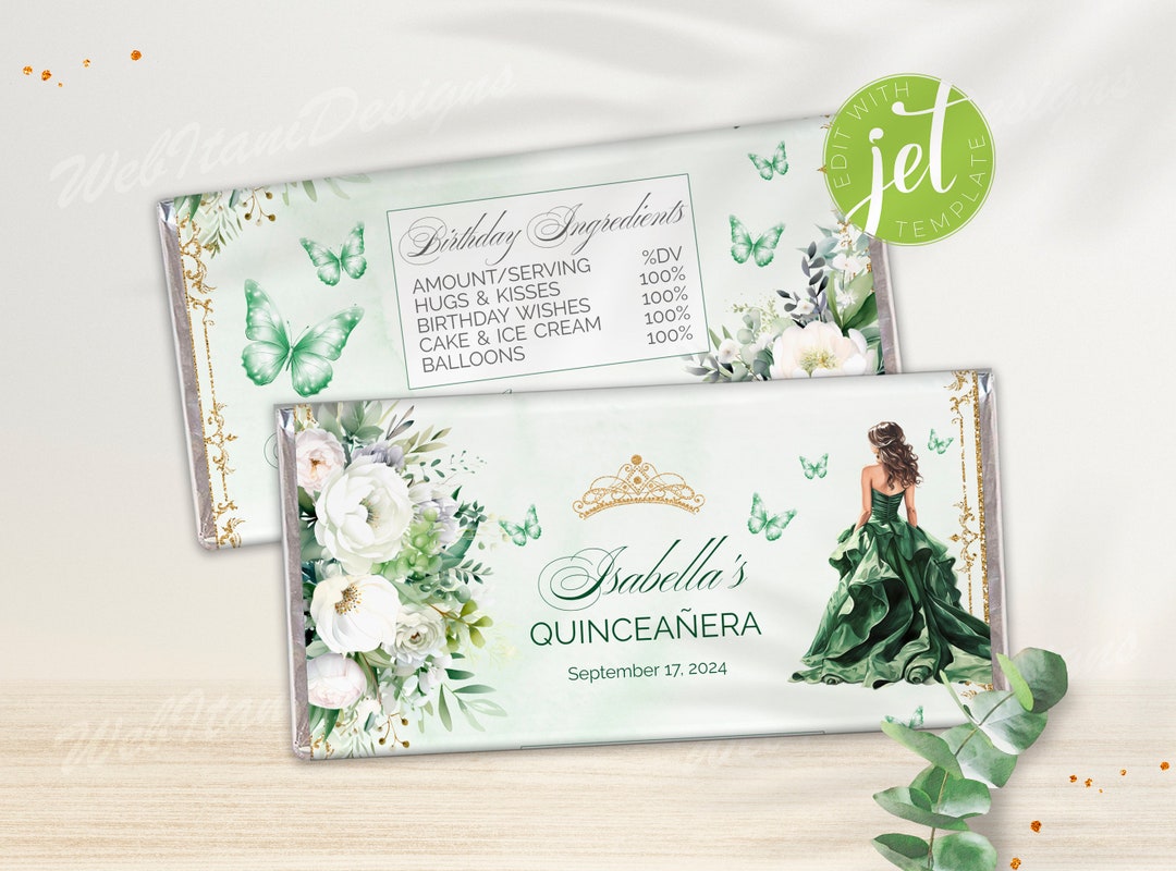 Editable Emerald Green Quinceanera Candy Bar Wrapper, Mis Quince Anos ...