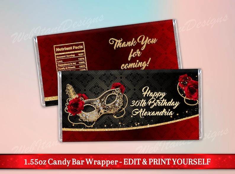 Editable Masquerade Ball Candy Bar Wrapper for Birthday With - Etsy