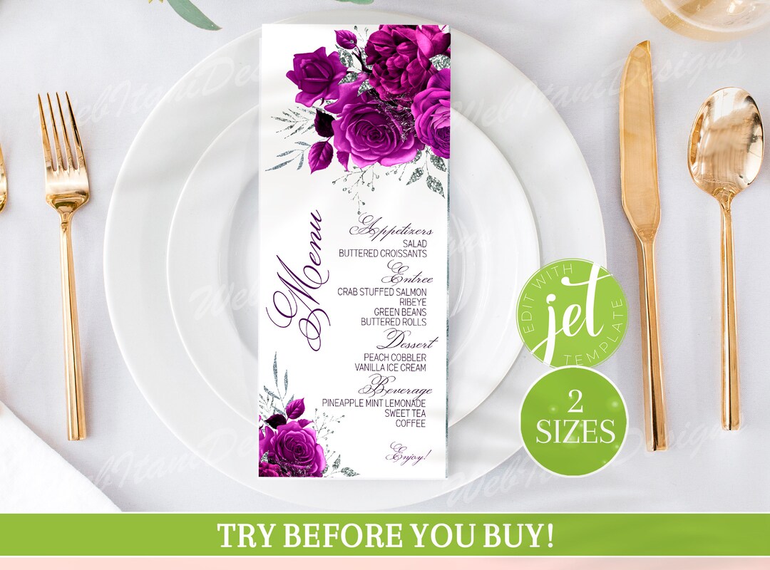 Deep Purple Floral Menu Card, Printable Editable Birthday Menu, Baby ...
