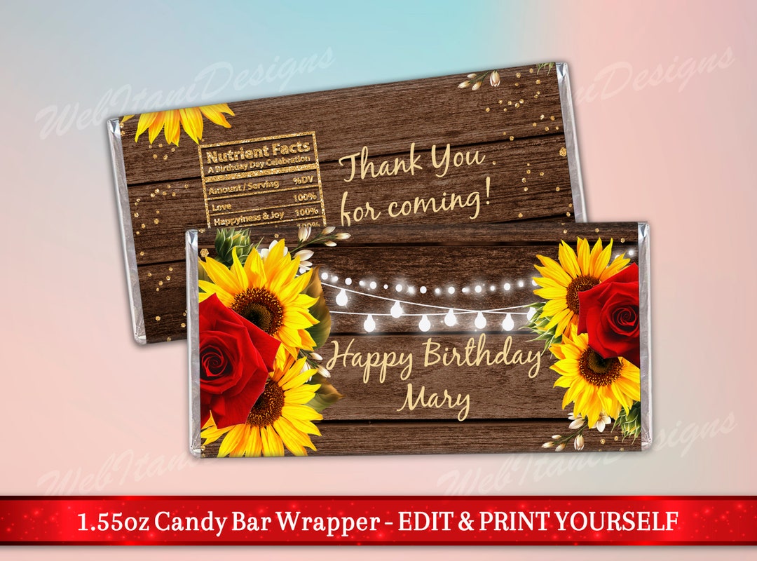 Wood & Sunflowers Candy Bar Wrappers, Summer Yellow and Red Rose Floral ...