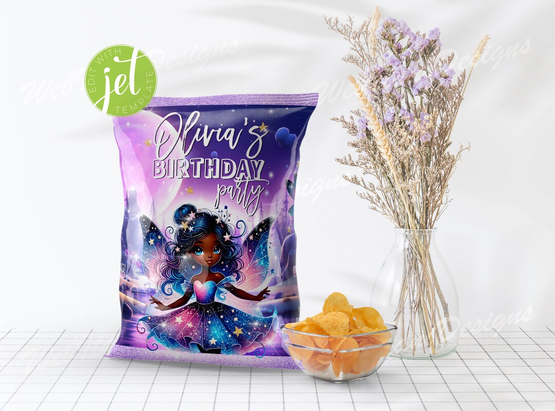 Magical Purple Fairy Birthday Chip Bag, Editable Enchanted Forest Party ...