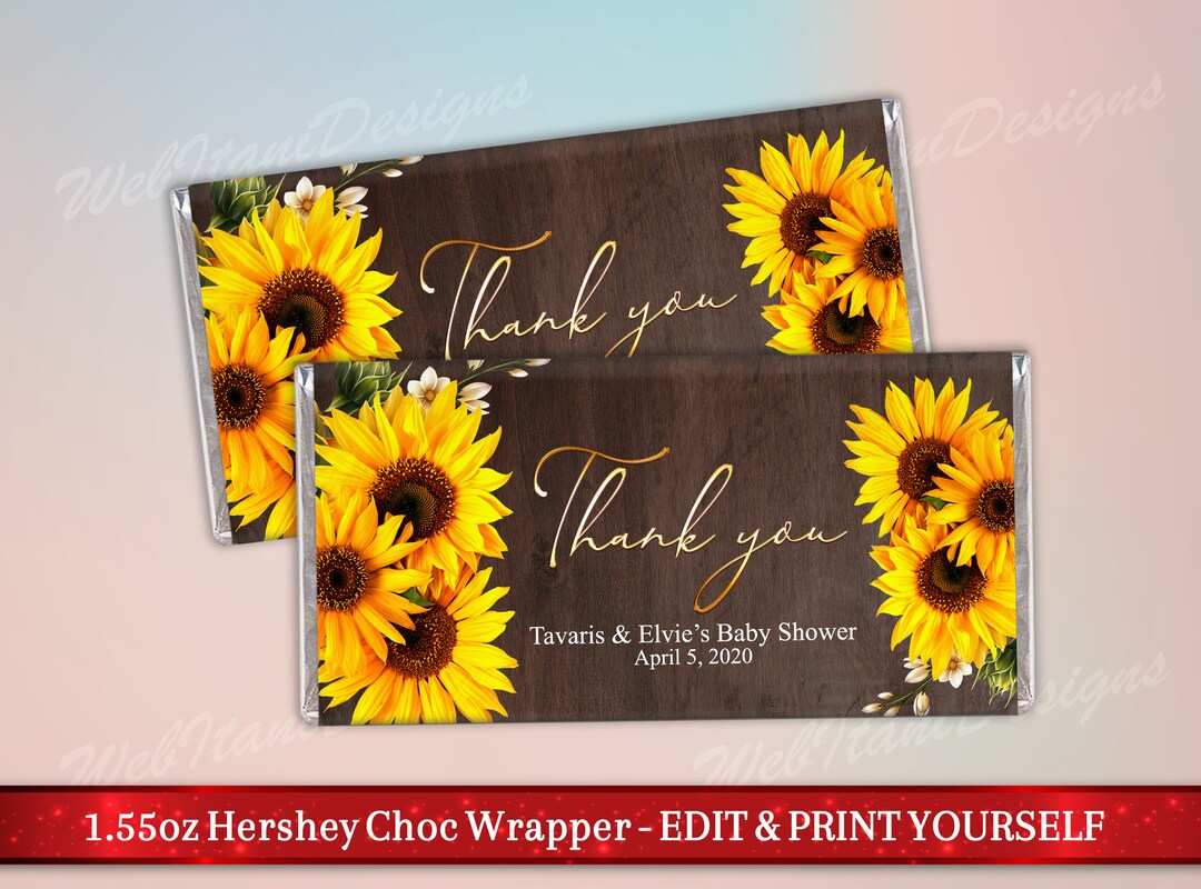 Sunflowers & Wood Candy Bar Wrappers, Summer Floral Chocolate Wrappers ...