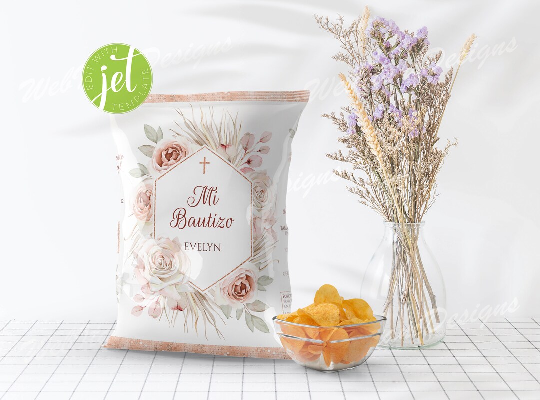 Spanish Chip Bag for Girl Baptism With Bohemian Rose, Mi Bautizo Snack ...
