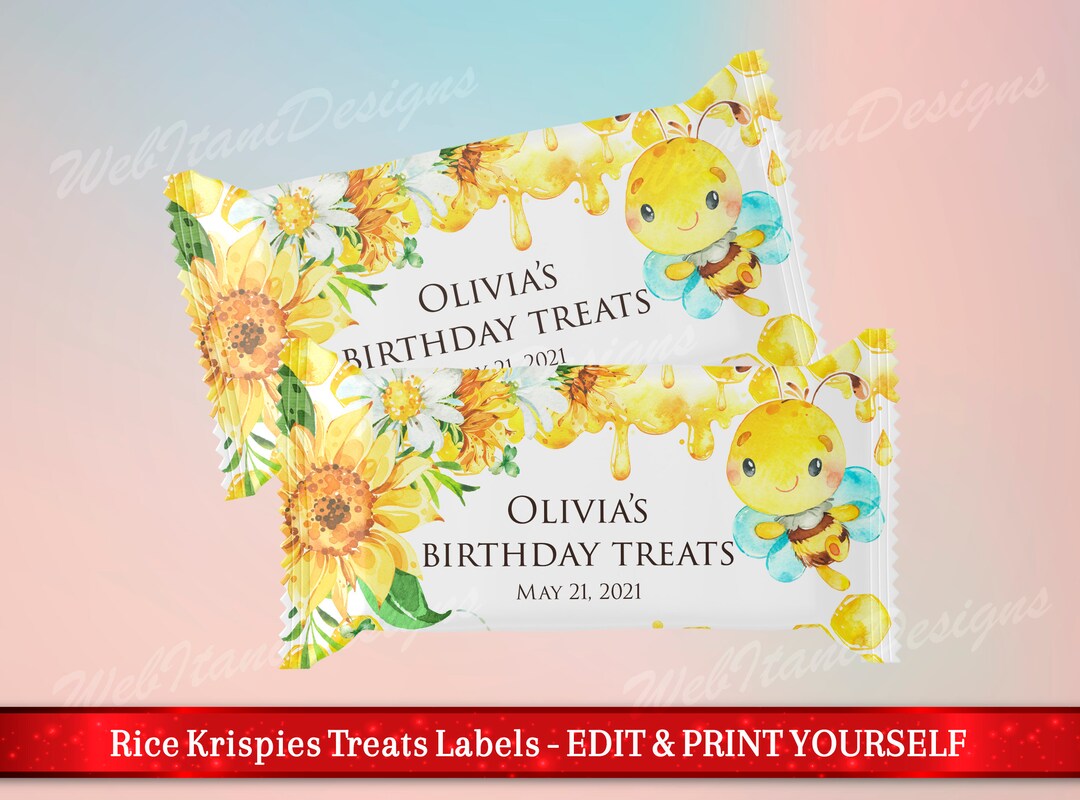 Honey Bee Rice Krispie Wrappers, Summer Bee Birthday Party Candy Bar ...