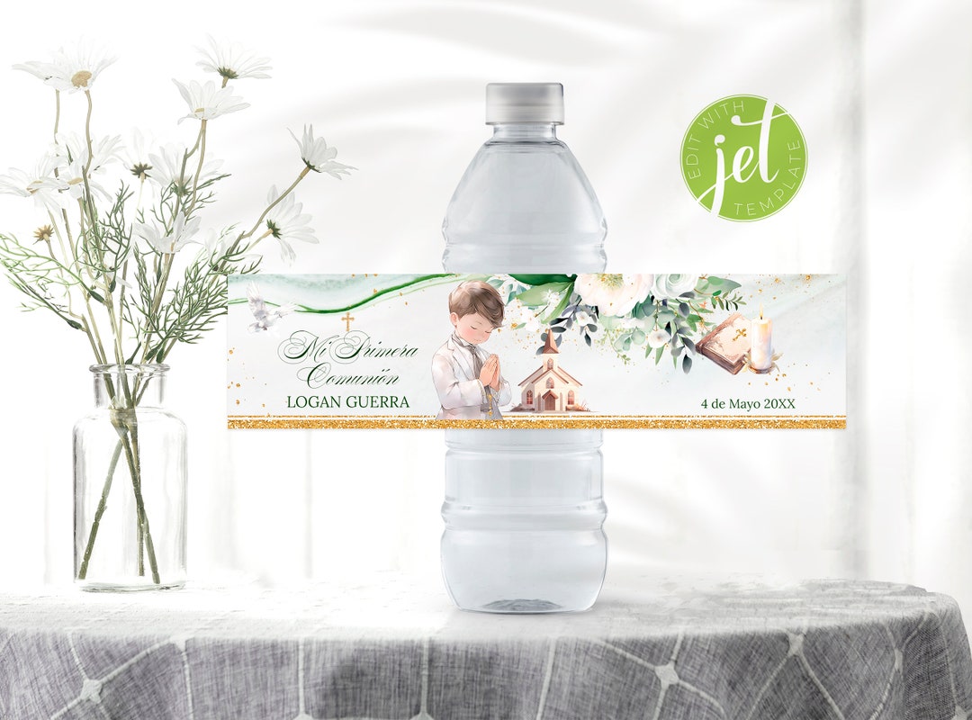 Custom First Communion Water Bottle Labels With Boy and Floral Design ...