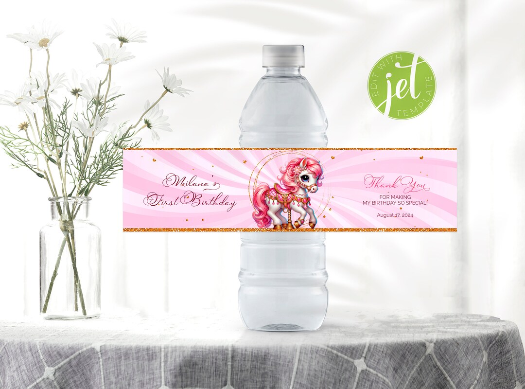 Custom Editable Carousel Water Bottle Label, First Birthday Party Favor ...