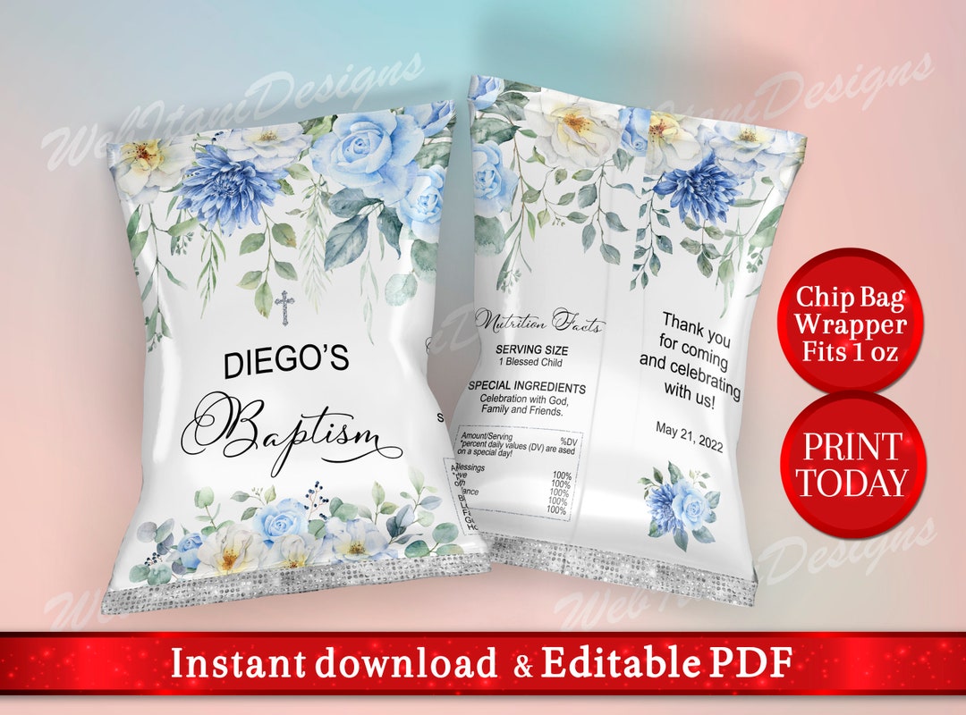 Blue White Flowers Chip Bag for Boy Baptism, DIY Chip Bag Printable ...