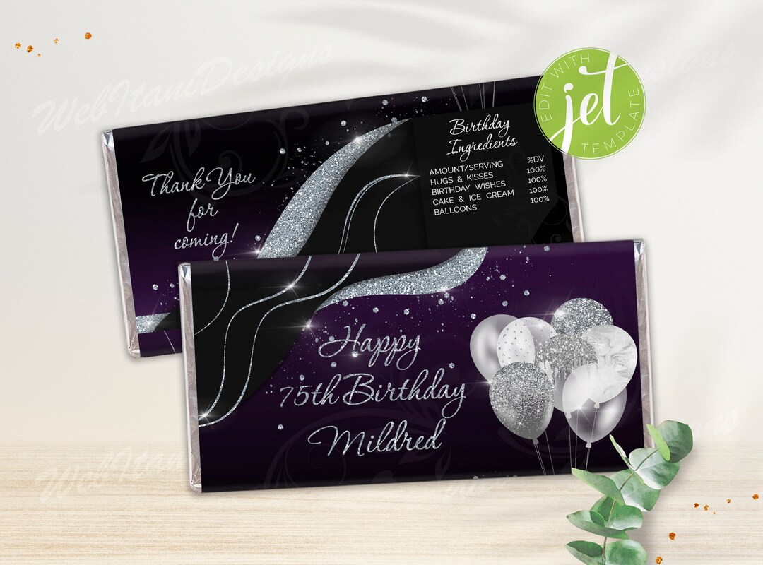Editable Purple Candy Bar Wrapper for Birthday With Balloons, Chocolate ...