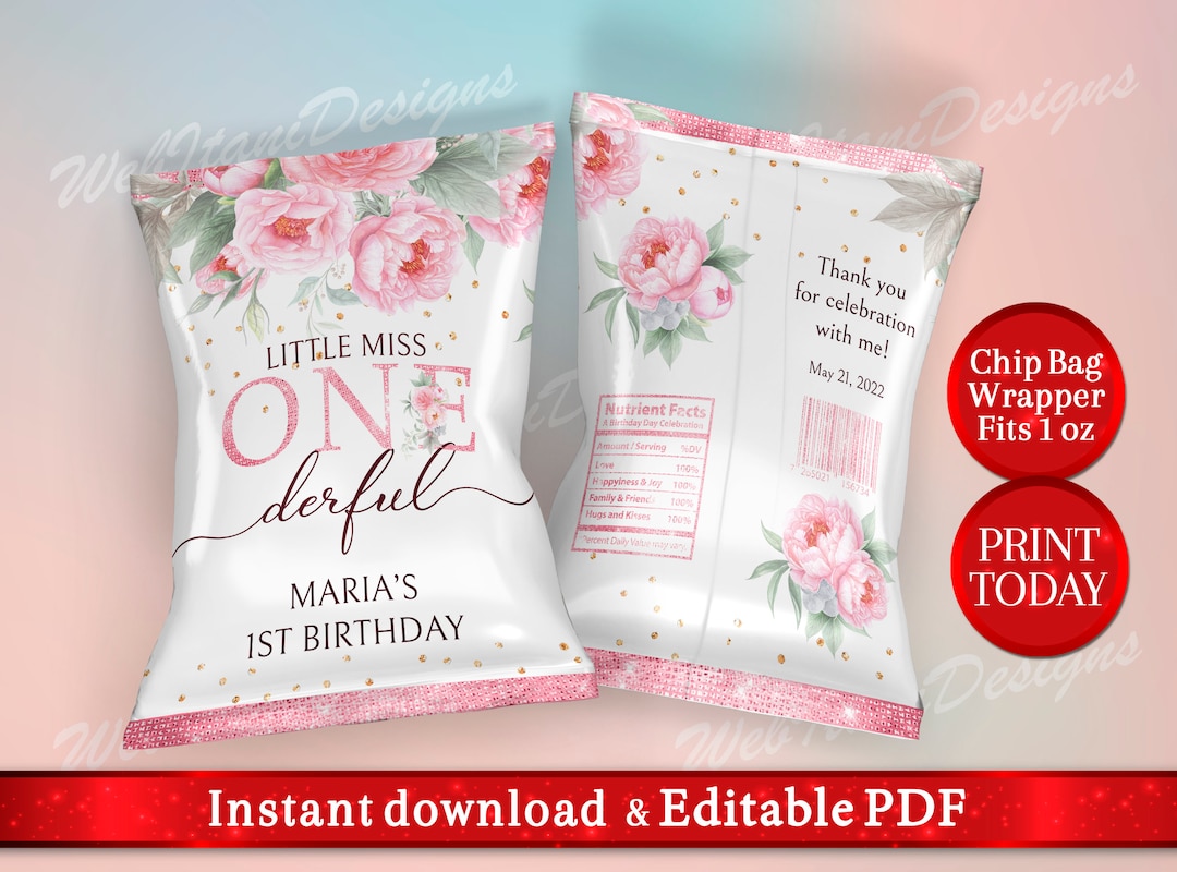 Editable PDF Chip Bags for Little Miss Onederful Birthday Party, Pink ...