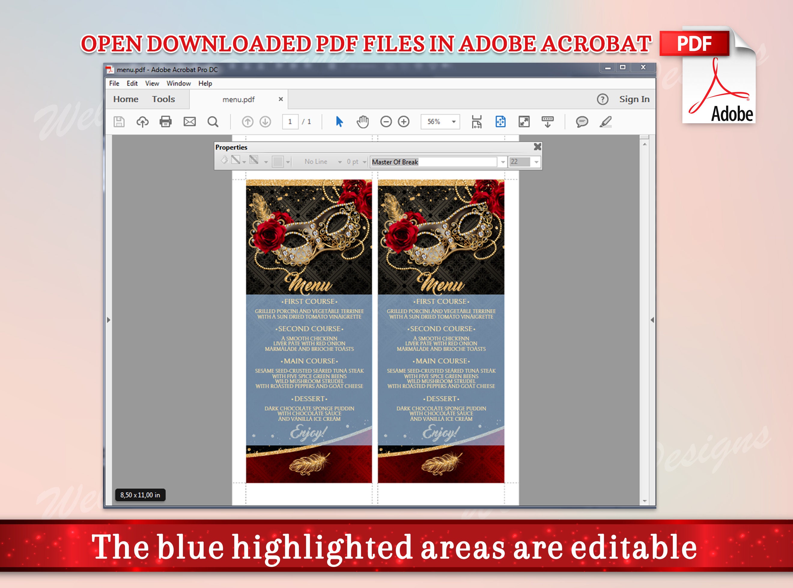 Masquerade Ball Menu Card Printable Editable Pdf Birthday - Etsy