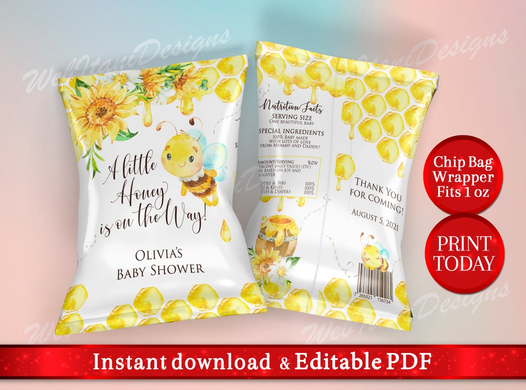 Editable Honey Bee Chip Bag for Baby Shower, Little Honey is on the Way ...