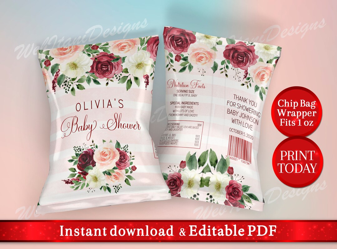 Personalized Chip Bag for Girl Baby Shower With Burgundy Flowers ...