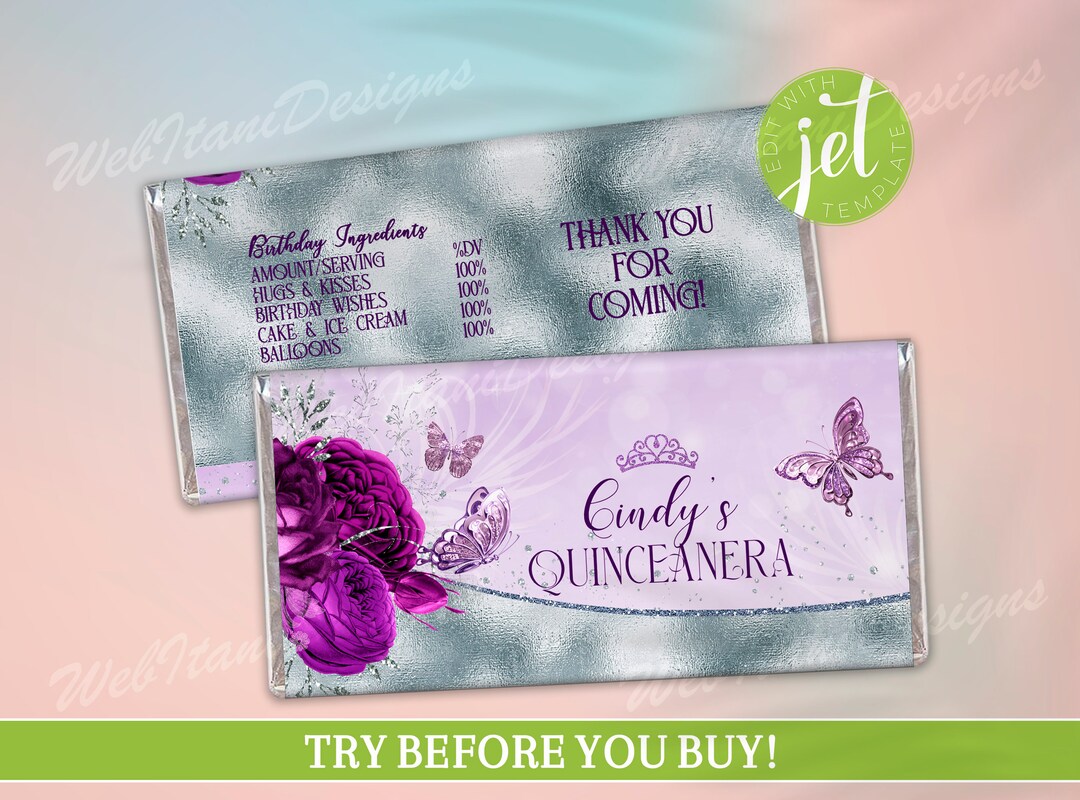 Butterfly Candy Bar Wrapper for Birthday With Purple Flowers - Etsy