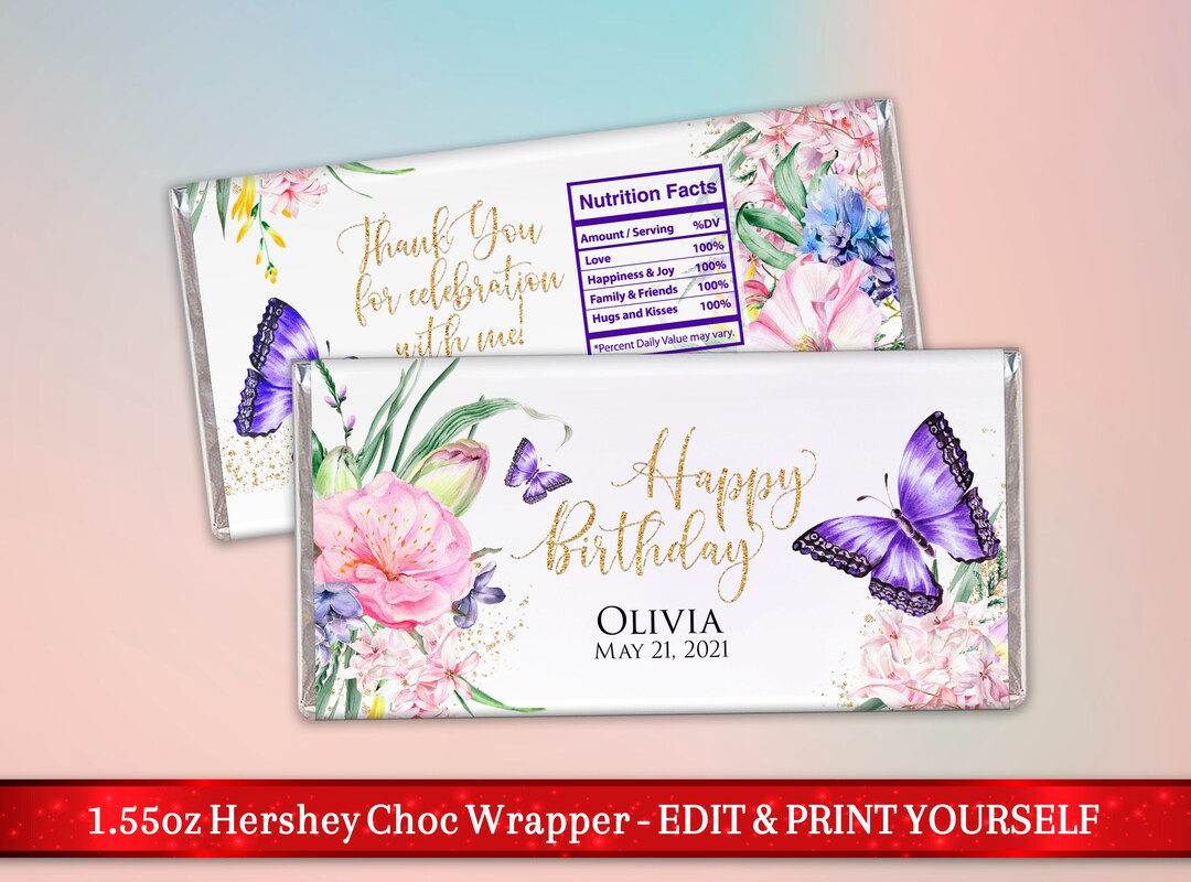 Butterfly Chocolate Bar Wrapper for Girl Birthday, Purple Butterfly ...