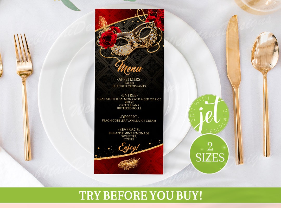 Masquerade Ball Menu Card, Printable Birthday Party Menu, Mis Quince ...