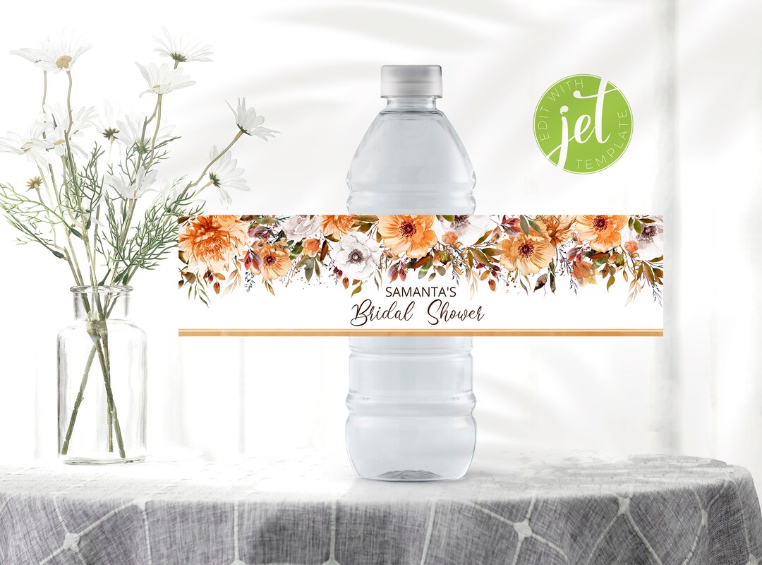 Fall Water Bottle Label Template for Shower With Autumn Flowers, Leaves ...