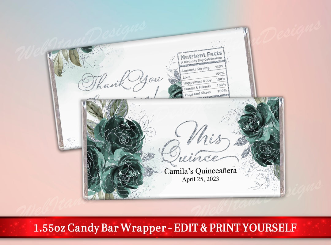 Emerald Green & Silver Mis Quince Candy Bar Wrapper, Emerald Flower ...