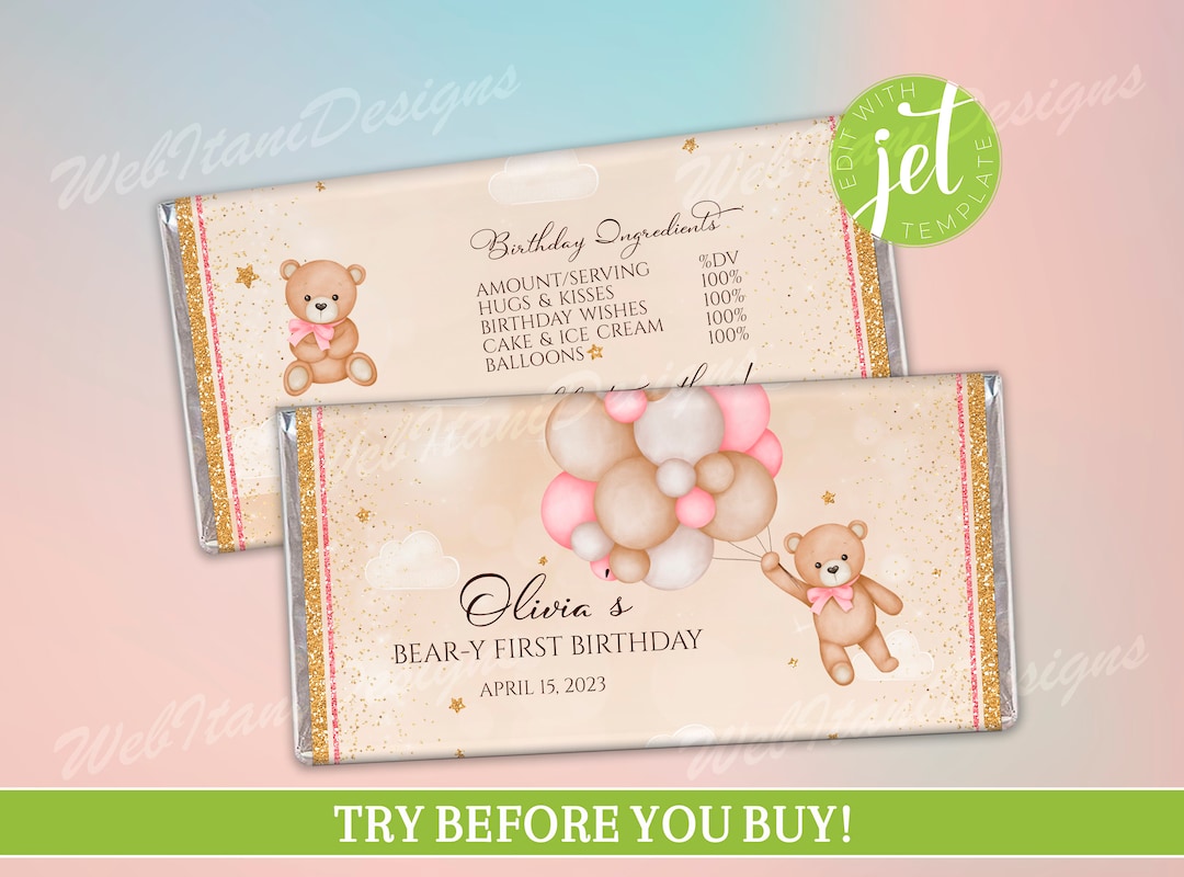Editable Girl Teddy Bear Candy Bar Wrapper for First Birthday - Etsy