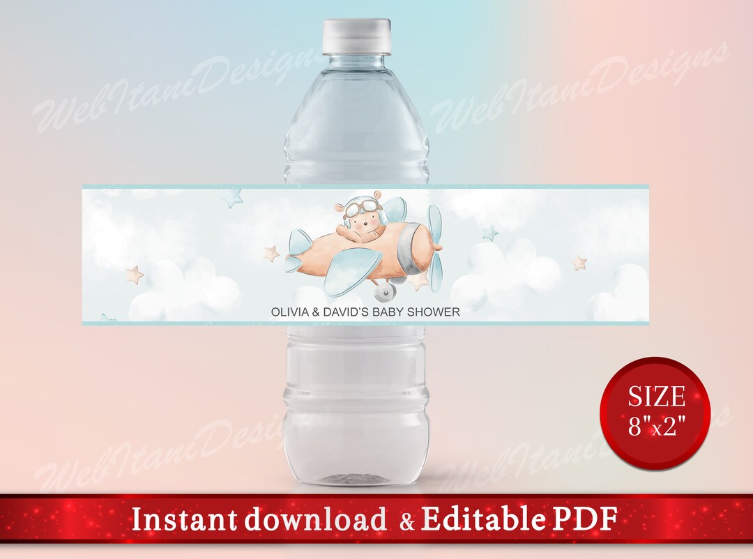 Plane Baby Shower Water Bottle Labels for Boy Baby Shower With Teddy ...