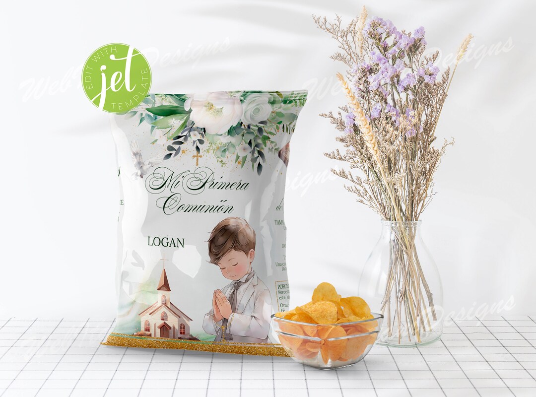 Flowers Chip Bag for Boy First Holy Communion, Religious Chip Bags ...