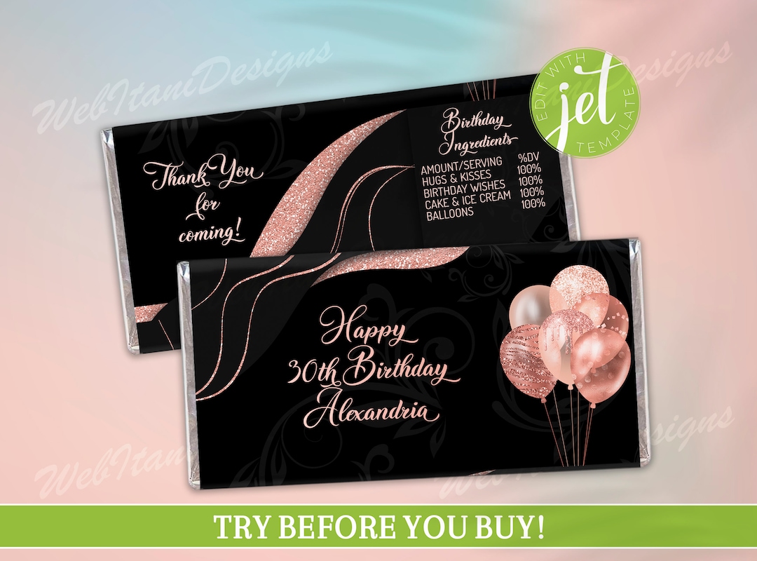 Rose Gold Editable Candy Bar Wrapper for Birthday, Chocolate Wrappers 1 ...