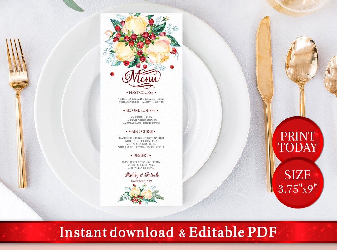 Rose Berry Menu Card Printable Christmas Editable Menu Pdf - Etsy