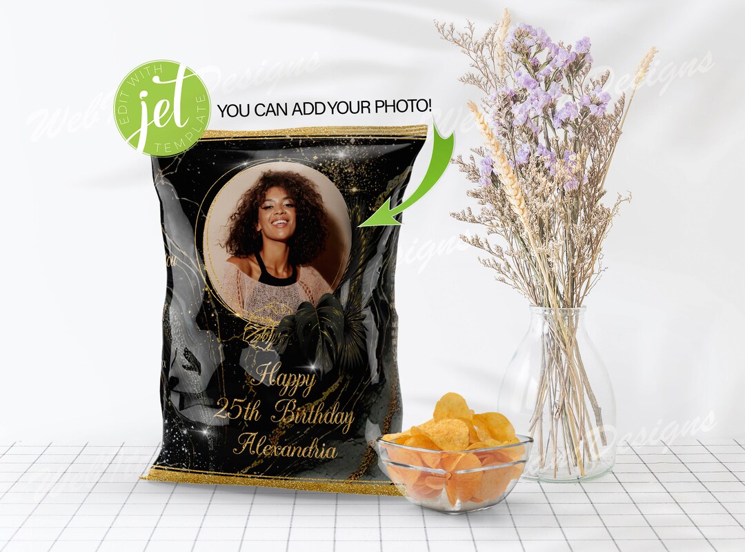 Personalized Birthday Chip Bag, Black Gold Party Favors, PDF Snack Bags ...