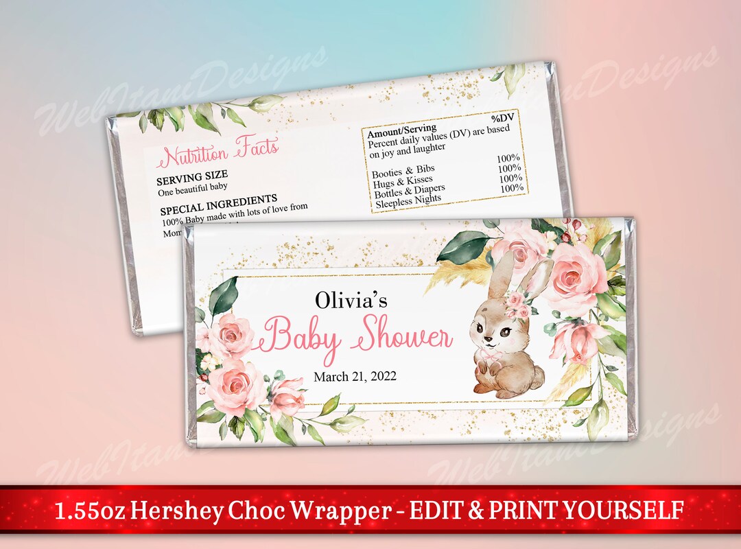 Girl Baby Shower Candy Bar Wrapper With Bunny, Rose and Pampas Grass ...
