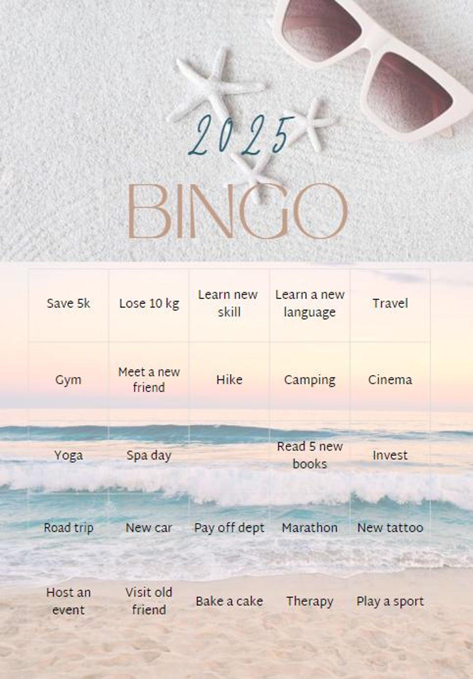 2025 Goal-setting Digital Bingo Card Beach-style editable Template - Etsy