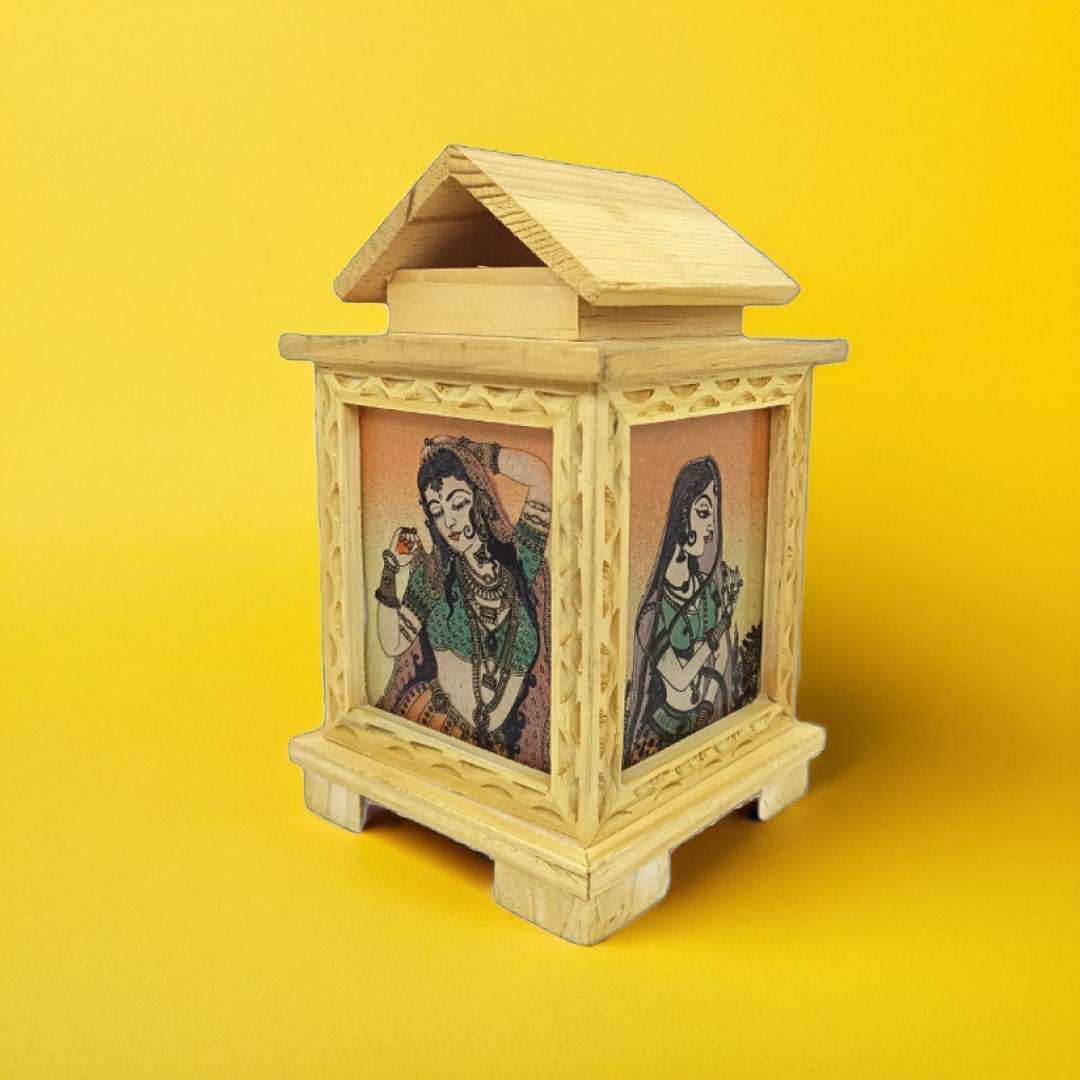 Handcrafted Wooden Hut Shape Lamp With Handmade Gemstone Painting ...
